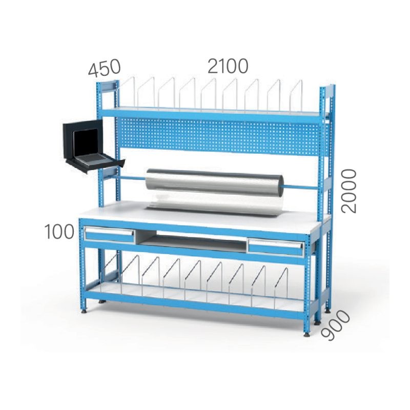 3413 – PACKAGING BENCH WITH 2 DRAWERS, ROLL HOLDER BAR, SHELVES AND ...