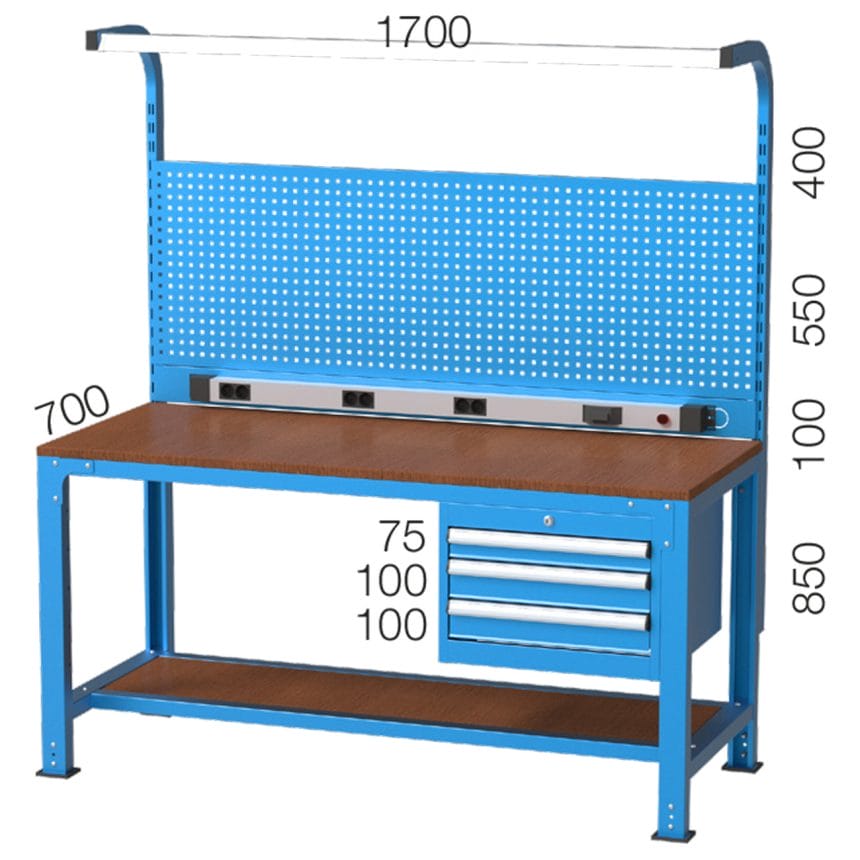 3770 - WORKBENCH WITH 3 DRAWERS , PEGBOARD AND LIGHTING SYSTEM - Koçel