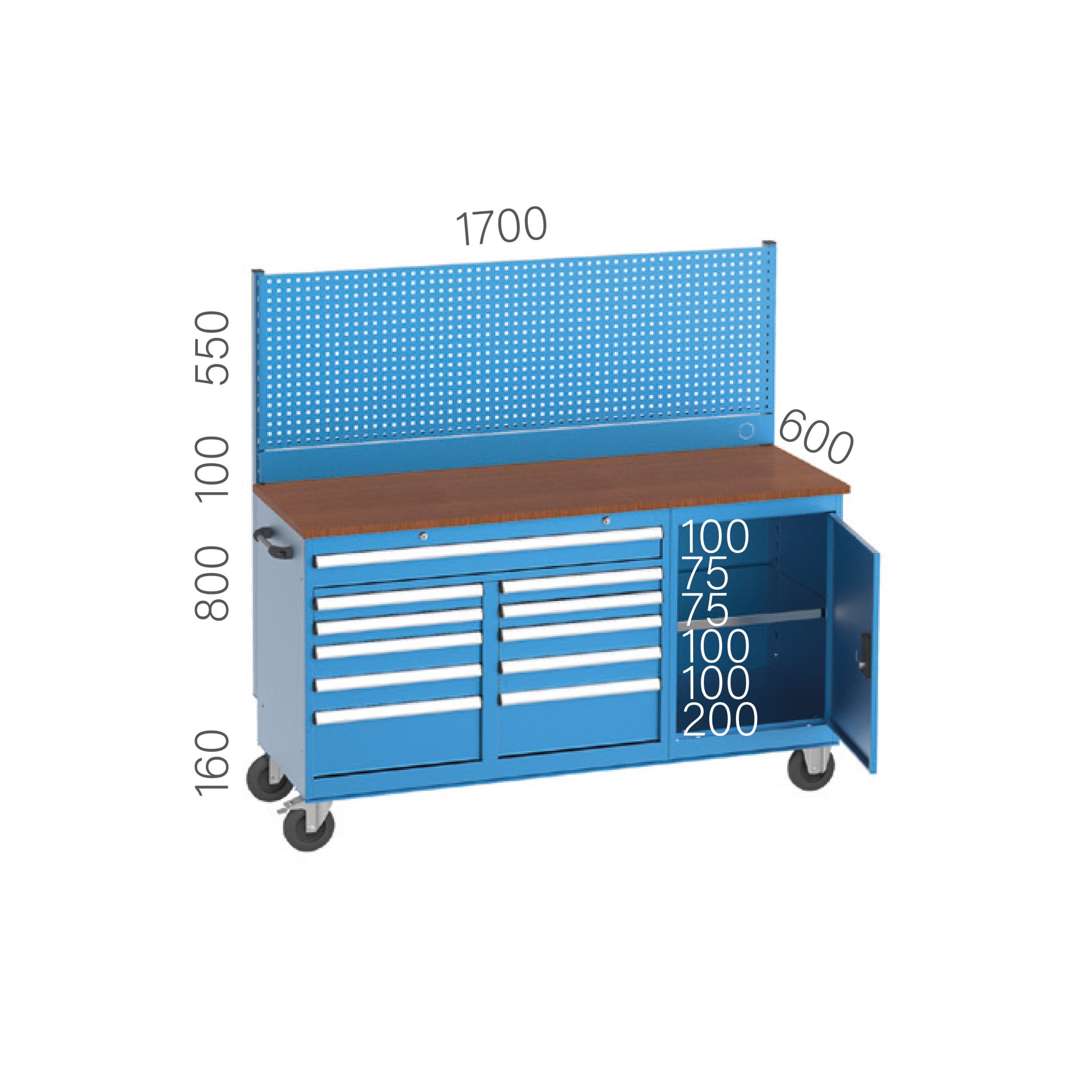 8440 - LONG TYPE WORKING CART 11 DRAWERS, CLOSABLE CABINET and PEGBOARD ...
