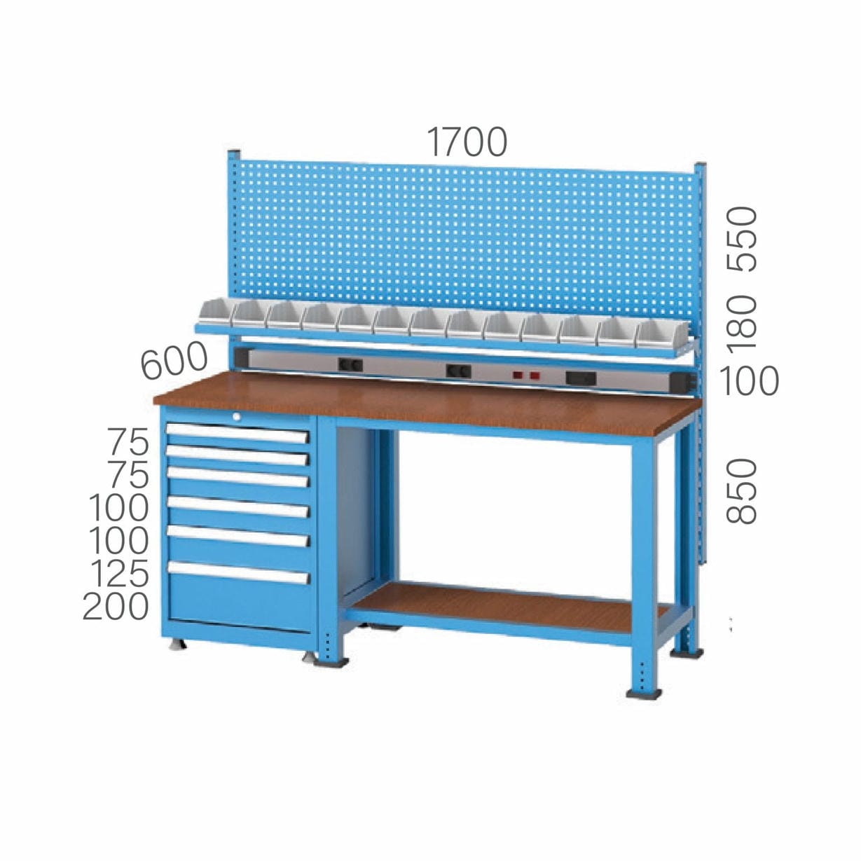 3185 - WORKBENCH WITH 6 DRAWERS, POWER BAR, PLASTIC BINS, LOWER SHELF ...