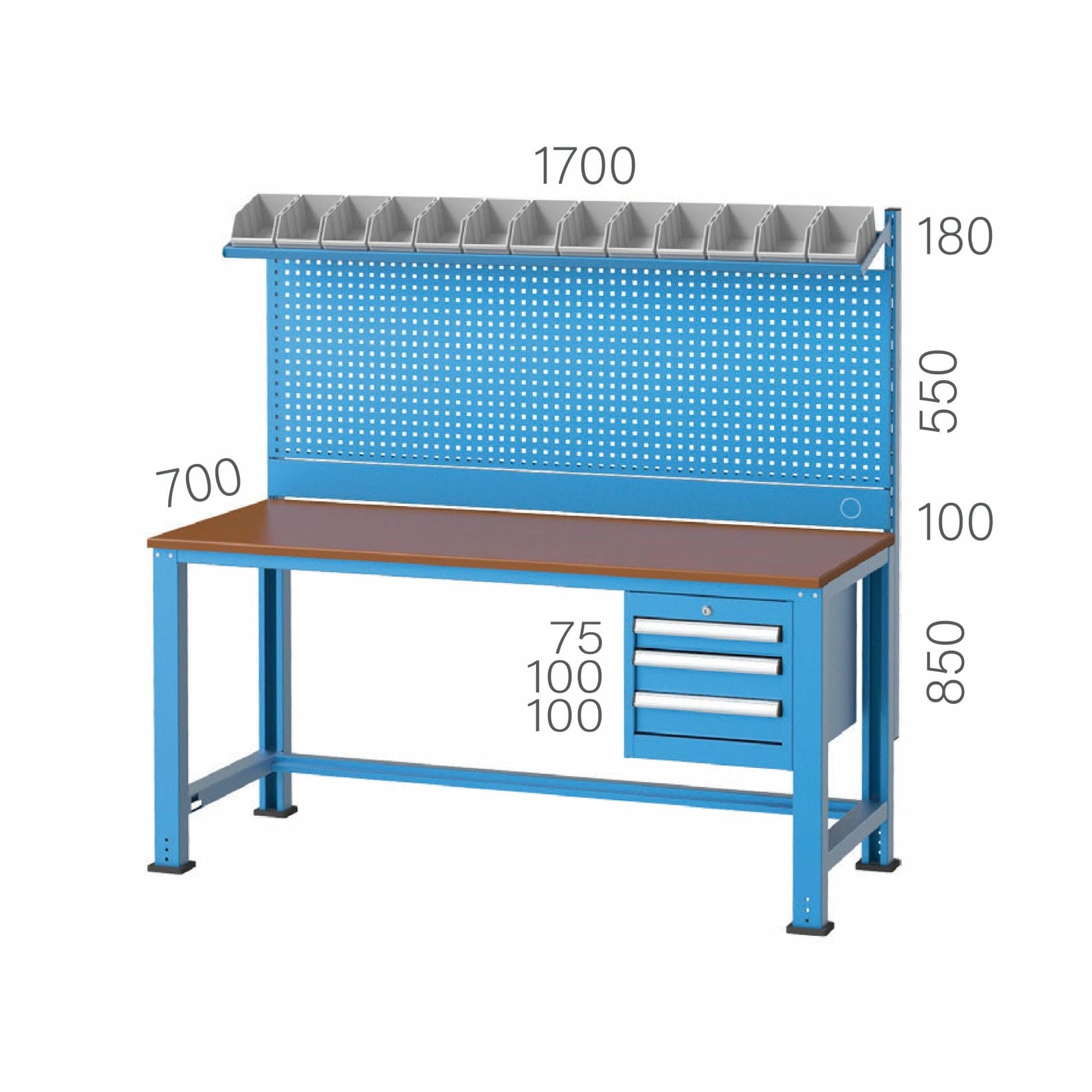 3340 - WORKBENCH WITH 3 DRAWERS , PEGBOARD AND LINBIN BOXES - Koçel