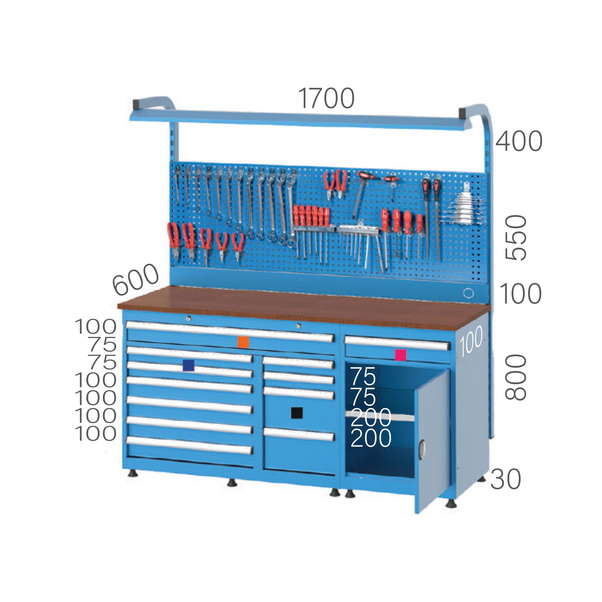 3446 - WORKBENCH WITH 12 DRAWERS AND CUPBOARD, PEGBOARD AND LIGHTNING ...